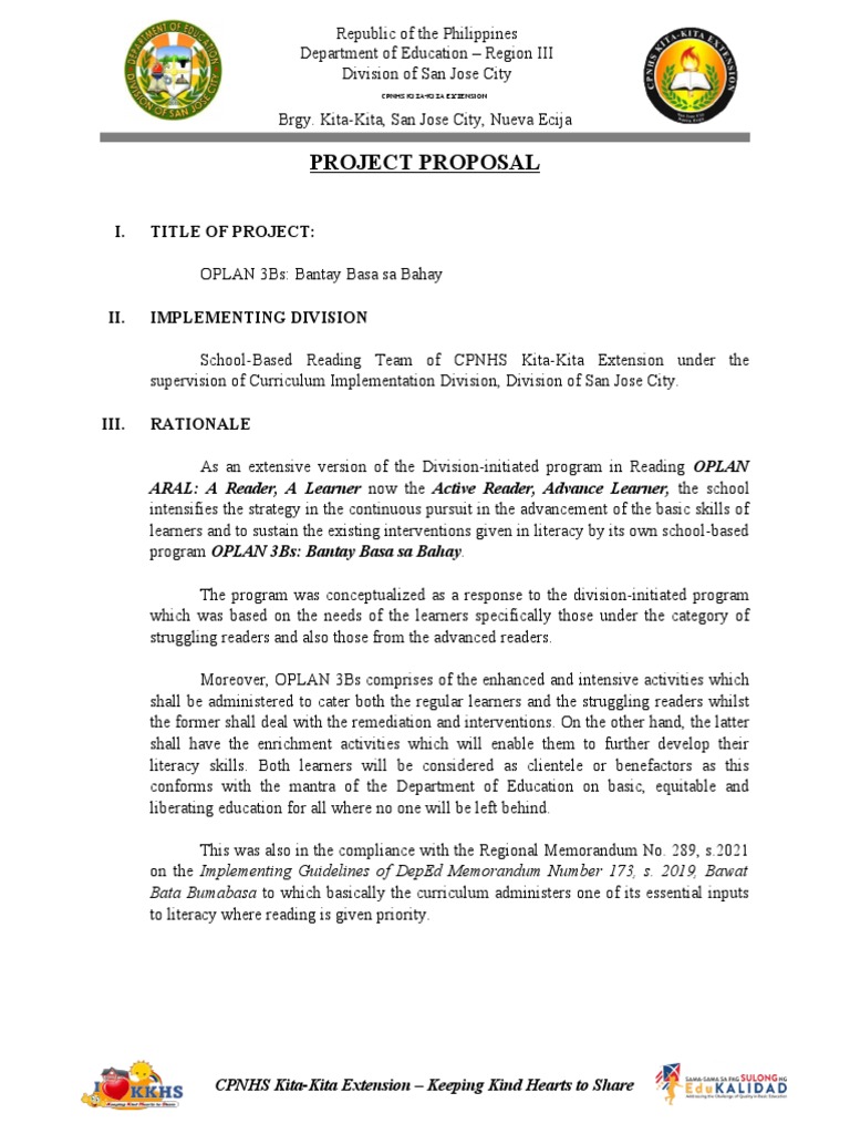 Project Proposal - Oplan 3bs | PDF | Literacy | Communication
