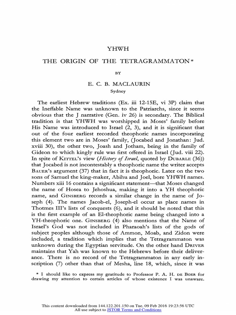 YHWH, The Origin of The Tetragrammaton | PDF