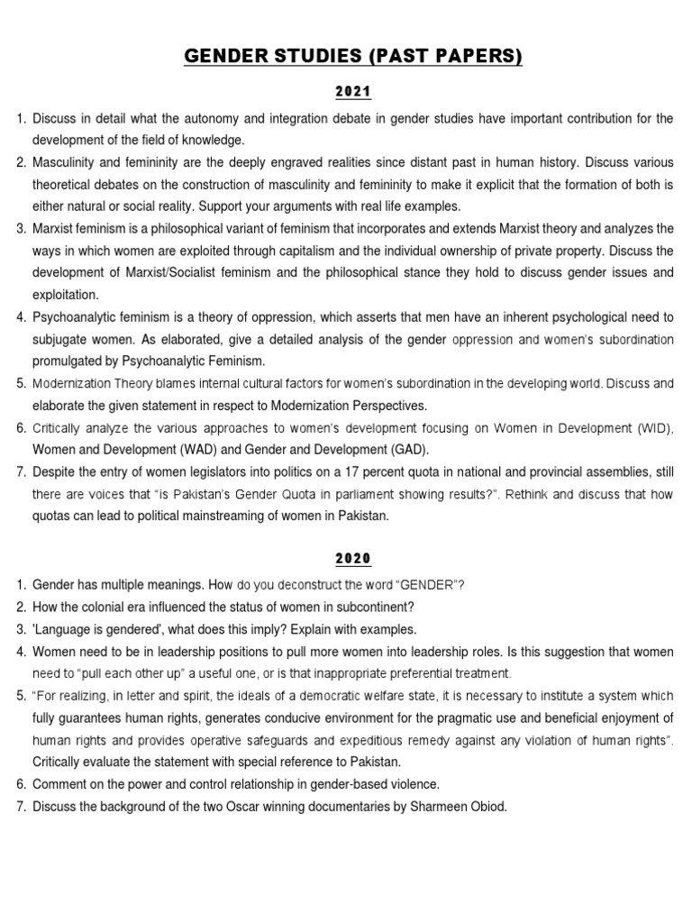 Past Papers (GS) | PDF | Gender And Development | Gender Studies