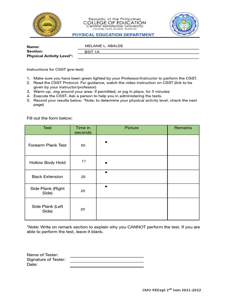 CSST Pre-Test Instructions and Form | PDF