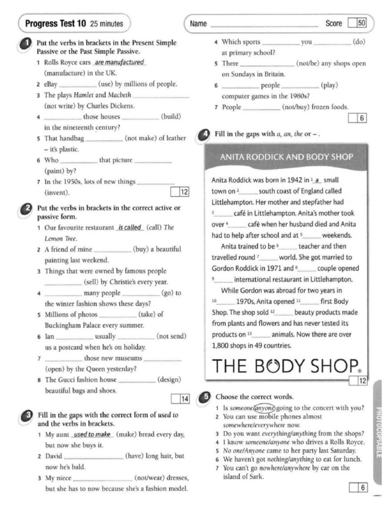 Progress Test 10 Face2Face Pre Intermediate | PDF