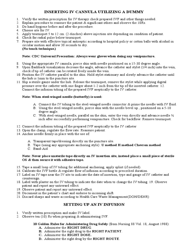 Inserting IV Cannula Utilizing A Dummy | PDF | Intravenous Therapy ...