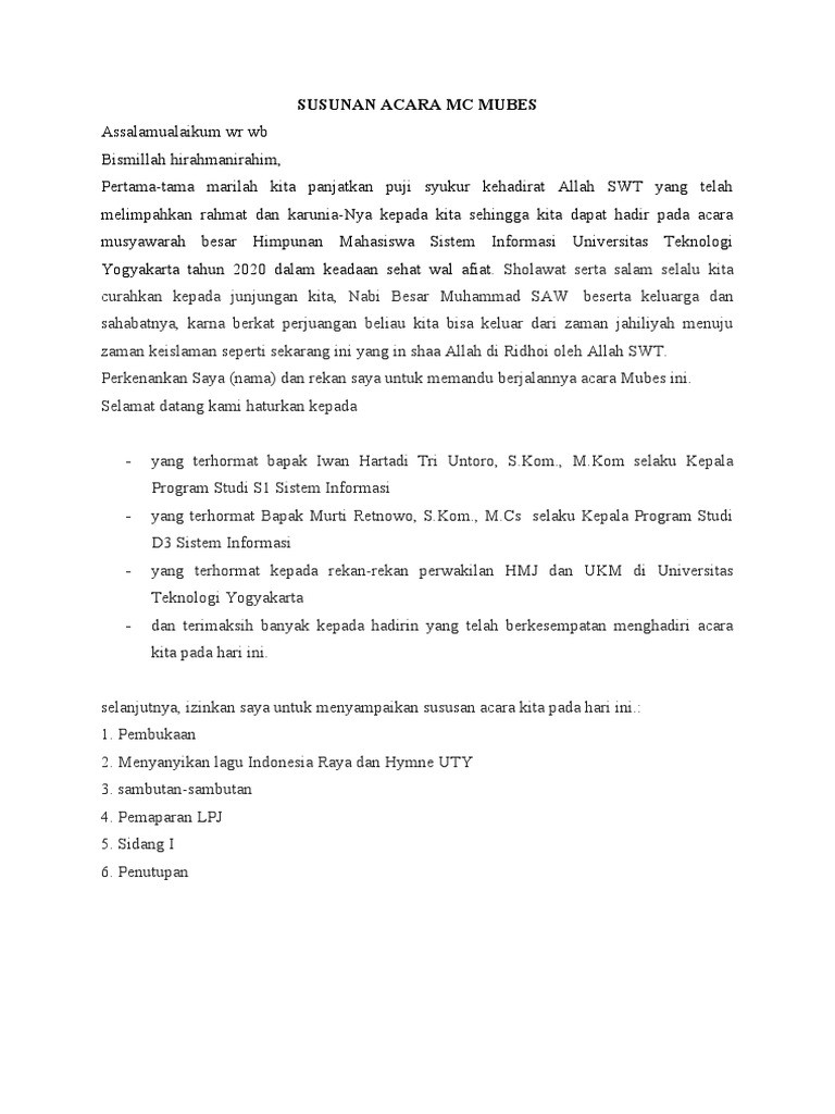 Susunan Acara MC Mubes Day 1 | PDF