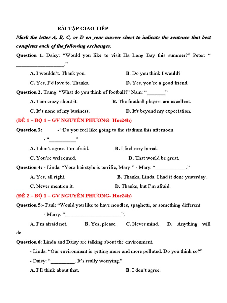 Mark the letter A, B, C or D on your answer sheet to indicate the correct answer to each of the ...