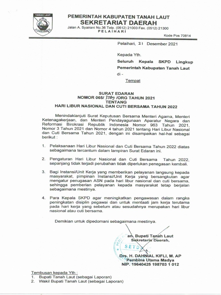 Surat Edaran Tentang Hari Libur Dan Cuti Bersama Tahun 2022 - 000046 | PDF
