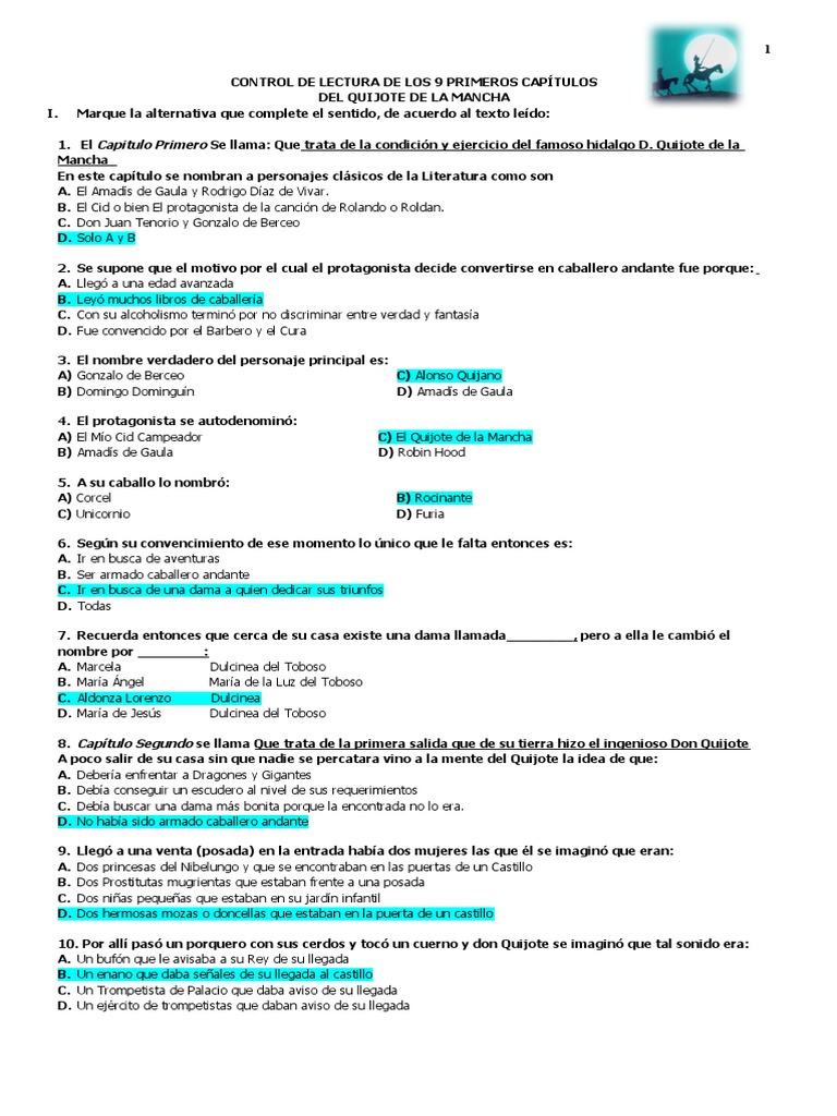 Preguntas Control de Lectura Don Quijote | PDF | Don Quijote | Caballero