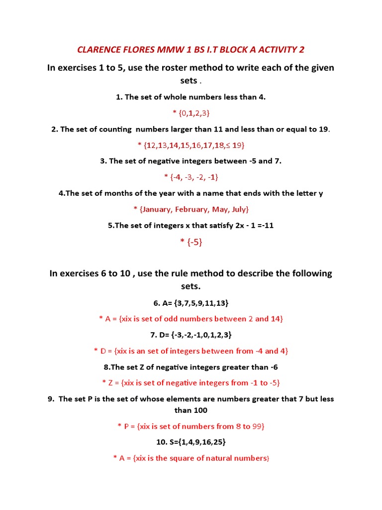 In Exercises 1 To 5, Use The Roster Method To Write Each of The Given ...