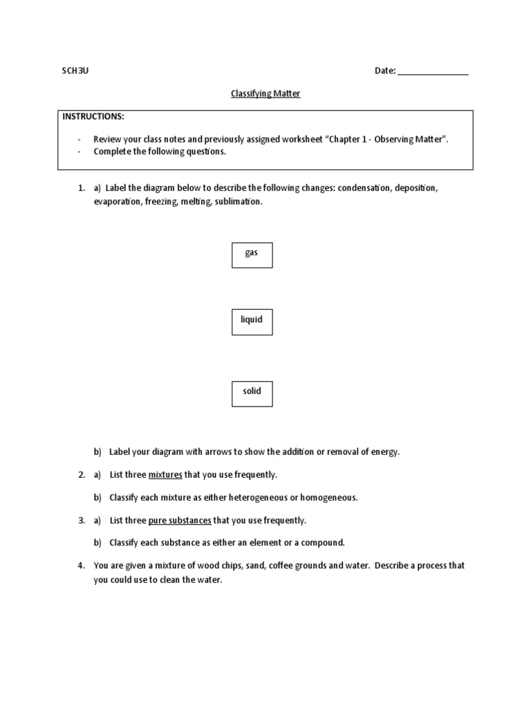 Unit 1 - Activity 10 - Classifying Matter Worksheet | PDF