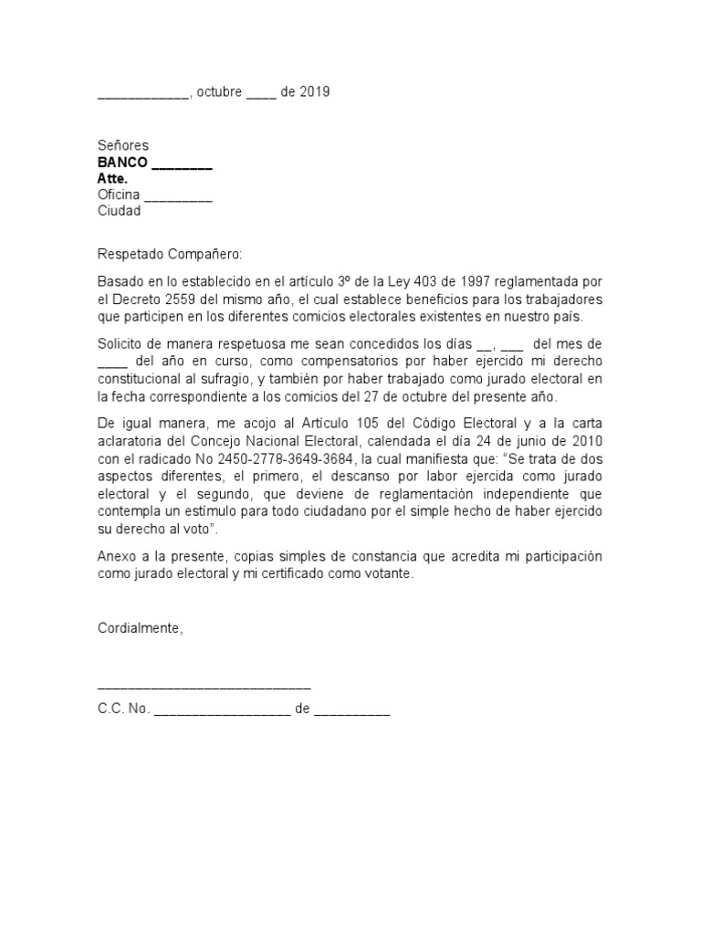 Modelo Carta Solicitud Días Compensatorios Como Jurado | PDF