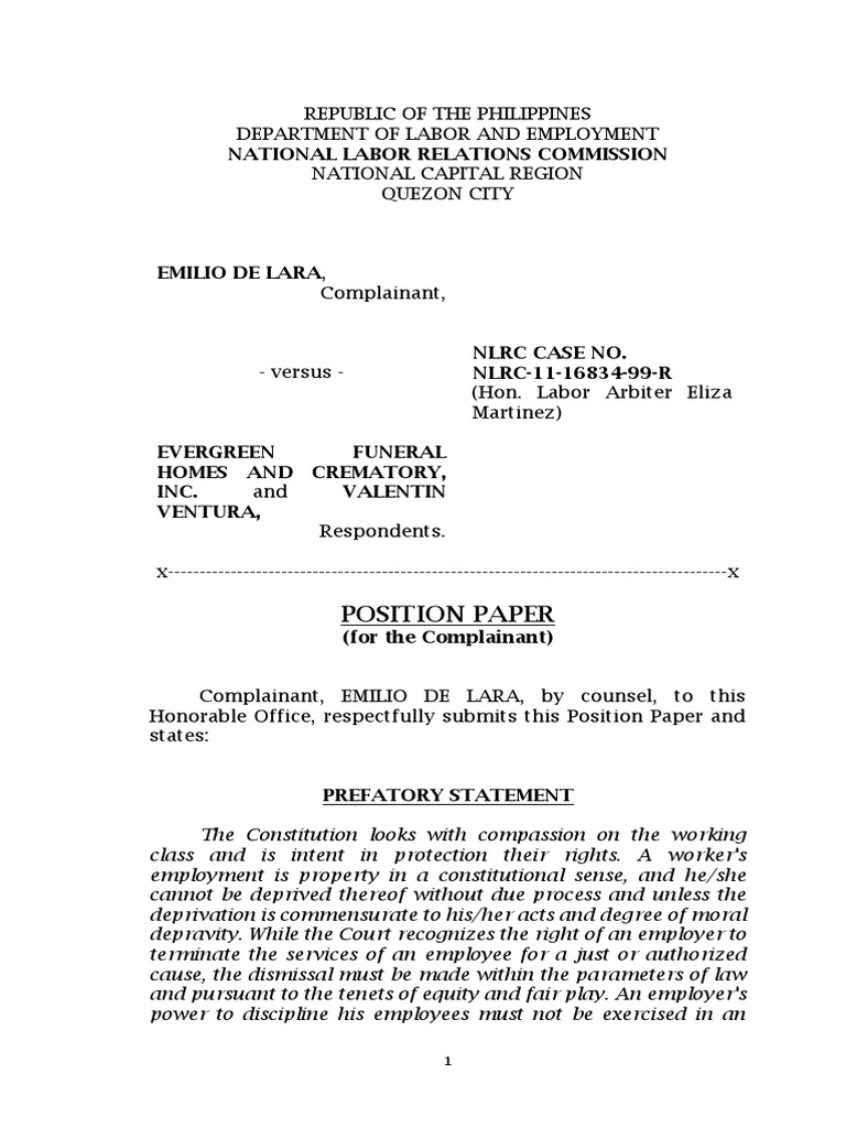 Labor Case Position Paper | PDF | Employment | Damages