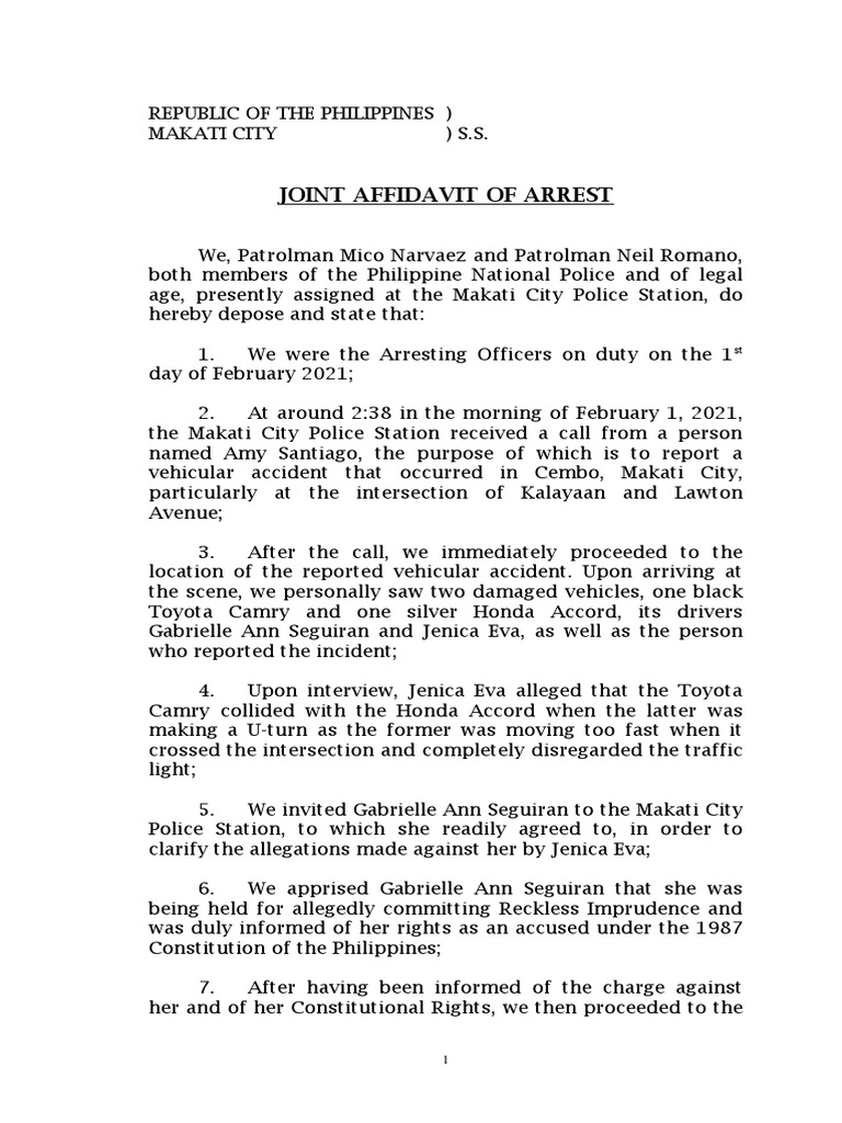 Joint Affidavit of Arresting Officers | PDF | Affidavit | Legal Action