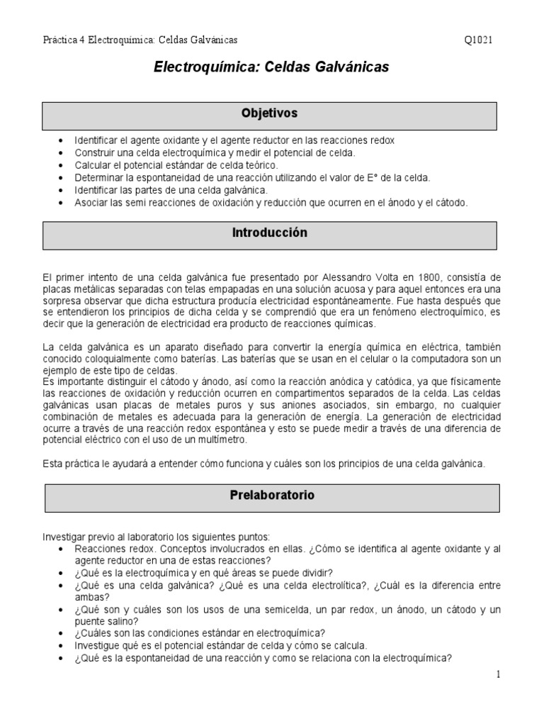 Práctica 4. Electroquímica Celdas Galvánicas C | PDF