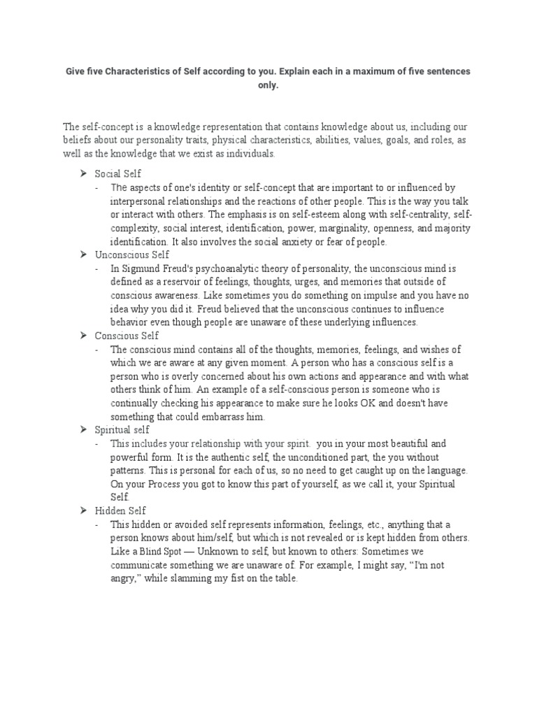 Five Characteristics of Self According To You | PDF | Self ...