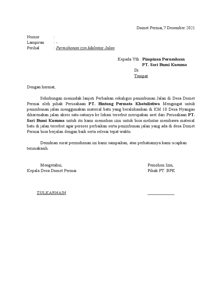 Surat Permohonan Izin Melintas Jalan | PDF