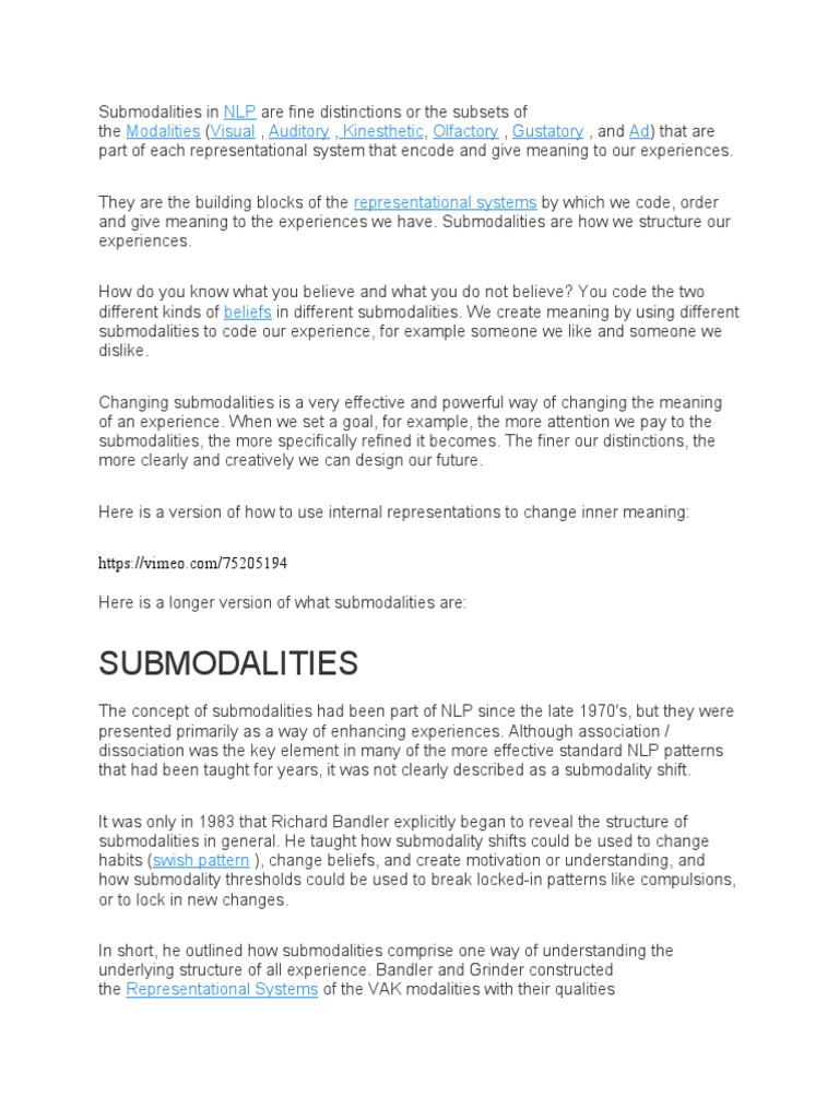 Submodalities: NLP Modalities Visual Auditory Kinesthetic Olfactory ...