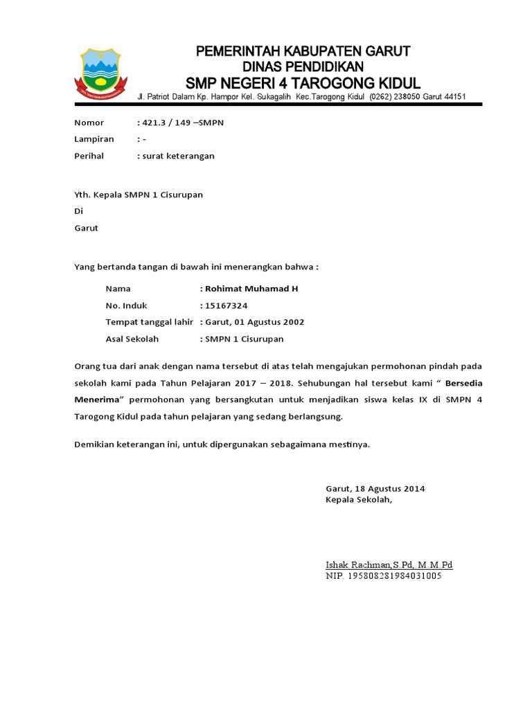 Surat Keterangan Pindah Siswa SMPN 4 Tarogong Kidul | PDF