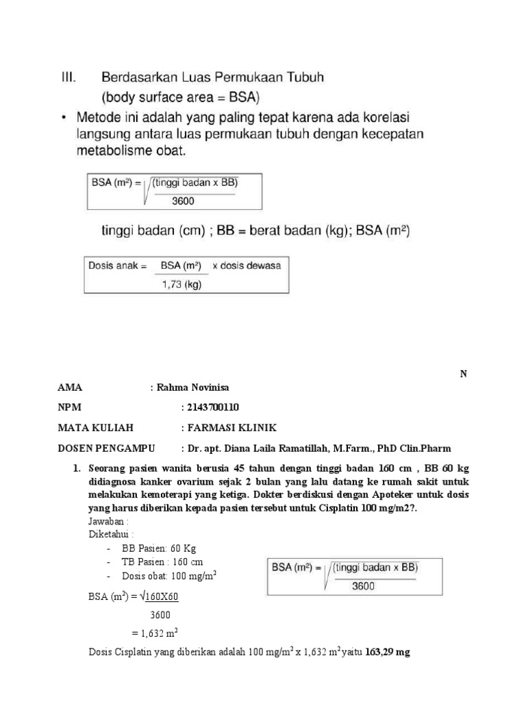 [DOKUMEN]: Perhitungan Dosis Obat Kemoterapi dan Pemberian Nutrisi untuk Pasien Kanker | PDF