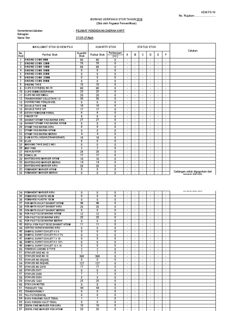 KEW - PS-10 (Borang Verifikasi Stor) - 1PP Baru | PDF | Writing ...