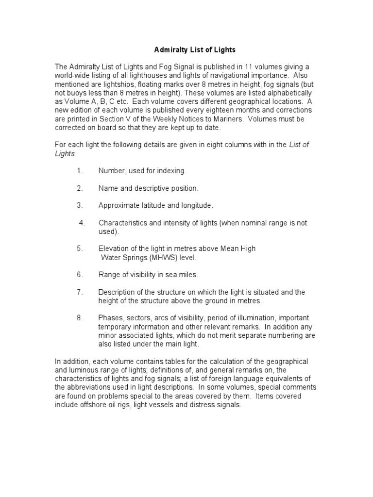 Admiralty List of Lights Overview | PDF | Light