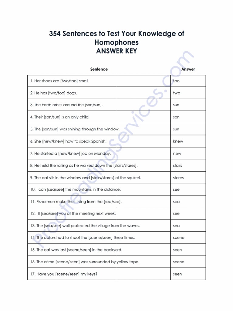 354 Sentences To Test Your Knowledge of Homophones - ANSWER KEY | PDF