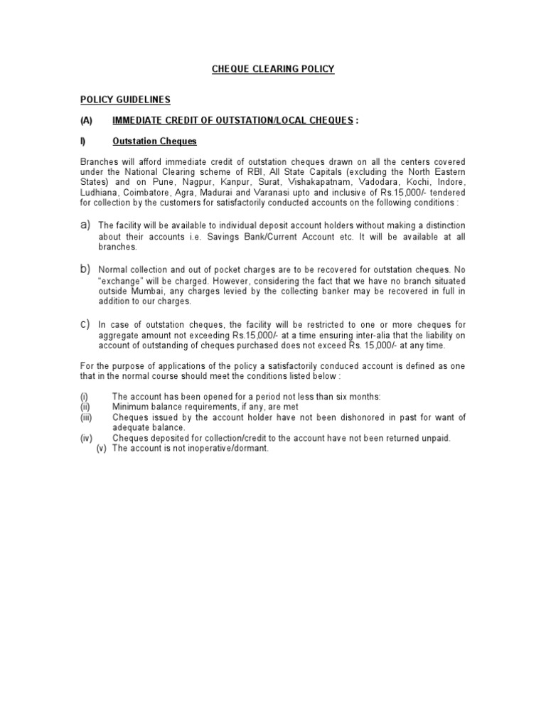 Outstation and Local Cheque Clearing Policy | PDF | Cheque | Overdraft