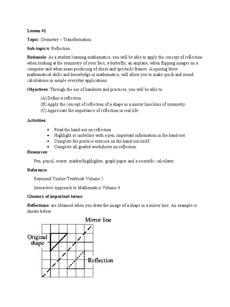 Reflection Transformation Lesson | PDF | Mirror | Cartesian Coordinate ...