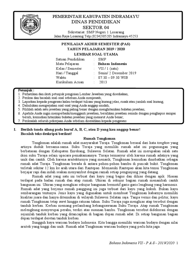 Soal Pas B.indonesia Kls 7 2019 | PDF | Seni & Disiplin Bahasa