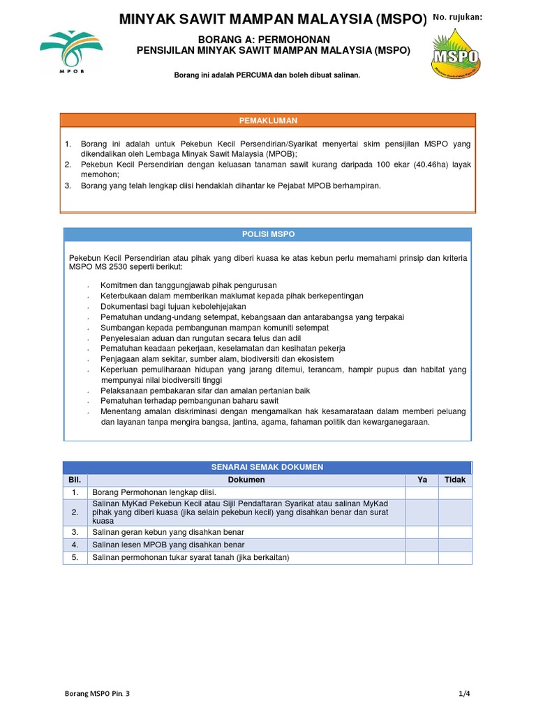 MSPO - Borang A - Borang Permohonan MSPO-3 | PDF