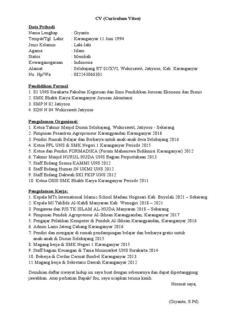 CV Giyanto: Pendidikan & Pengalaman Lengkap | PDF | Pengembangan Diri