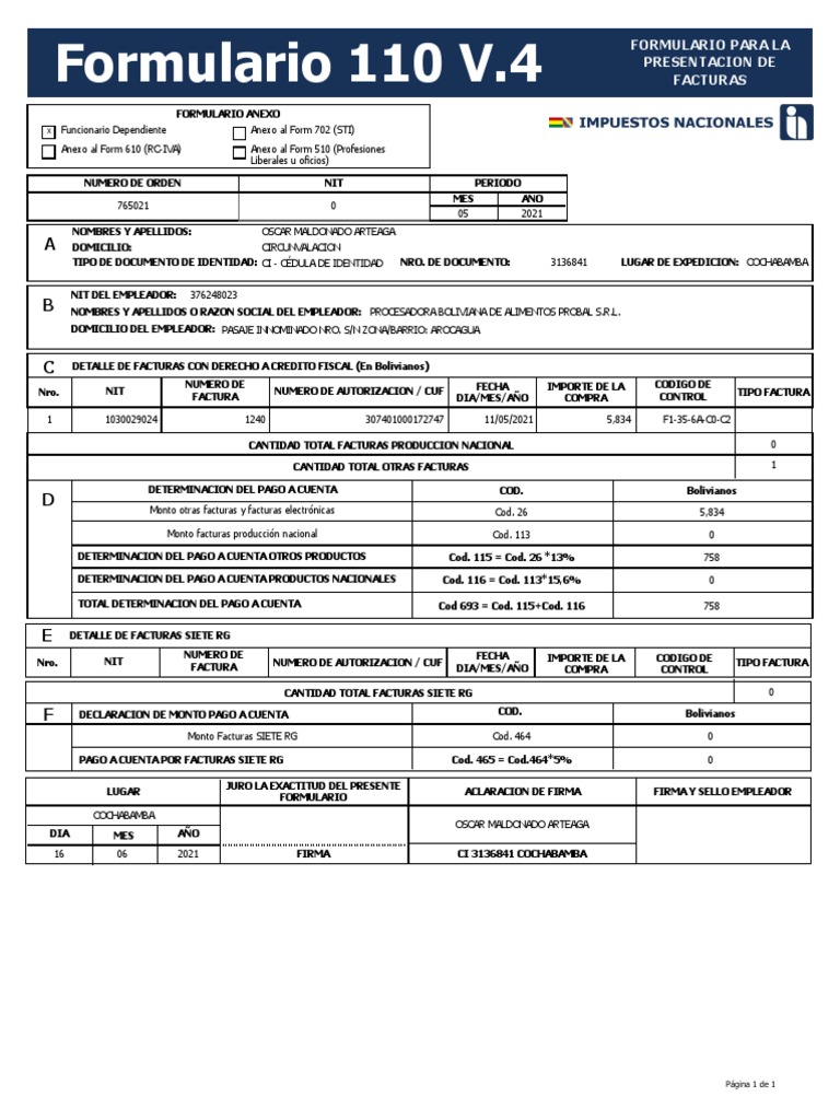 Formulario 110 V.4: Formulario para La Presentacion de Facturas | PDF ...