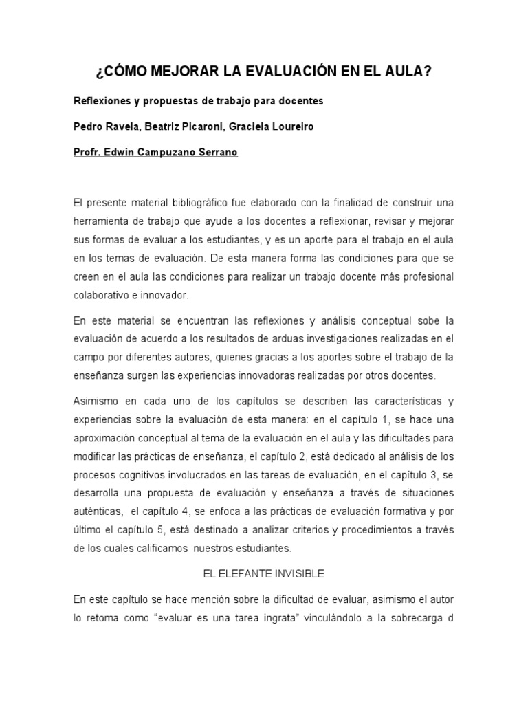 Resumen ¿Cómo Mejorar La Evaluacion en El Aula | PDF | Evaluación ...