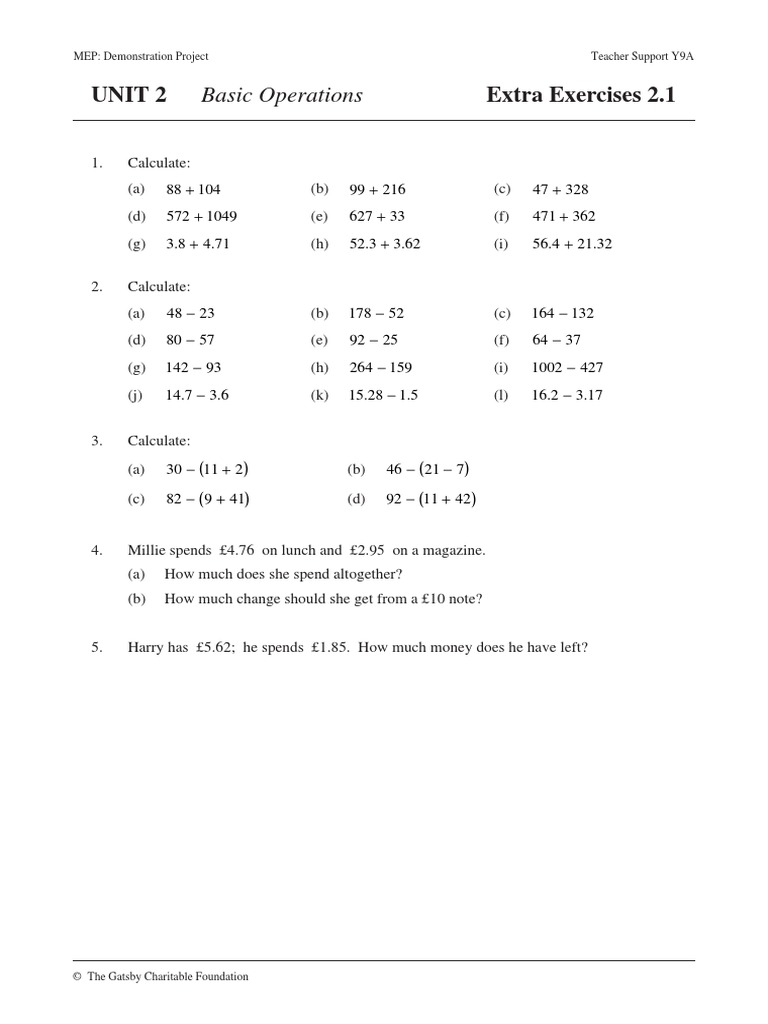 Unit 2: Basic Operations Extra Exercises 2.1 | PDF