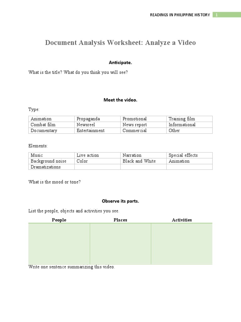 Document Analysis Worksheet: Analyze A Video: Anticipate | PDF | Games ...