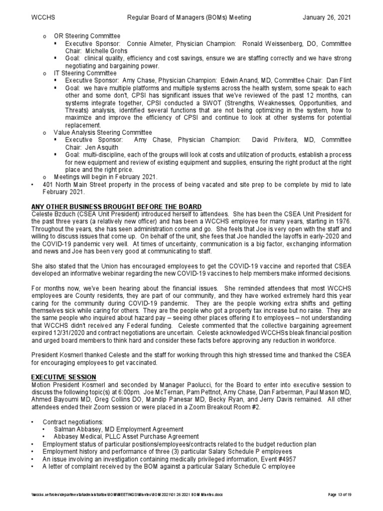 WCCHS Board of Managers Meeting Jan. 26, 2021 | PDF