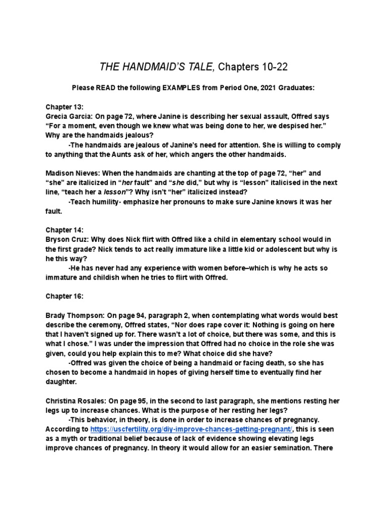 Take Three Period One Chapters 10-22 The Handmaids Tale | PDF