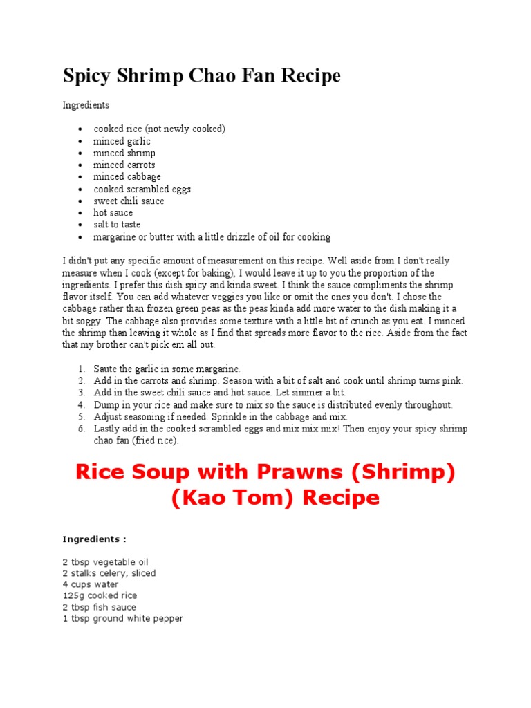 Spicy Shrimp Chao Fan Recipe | PDF | Custard | Fruit Preserves