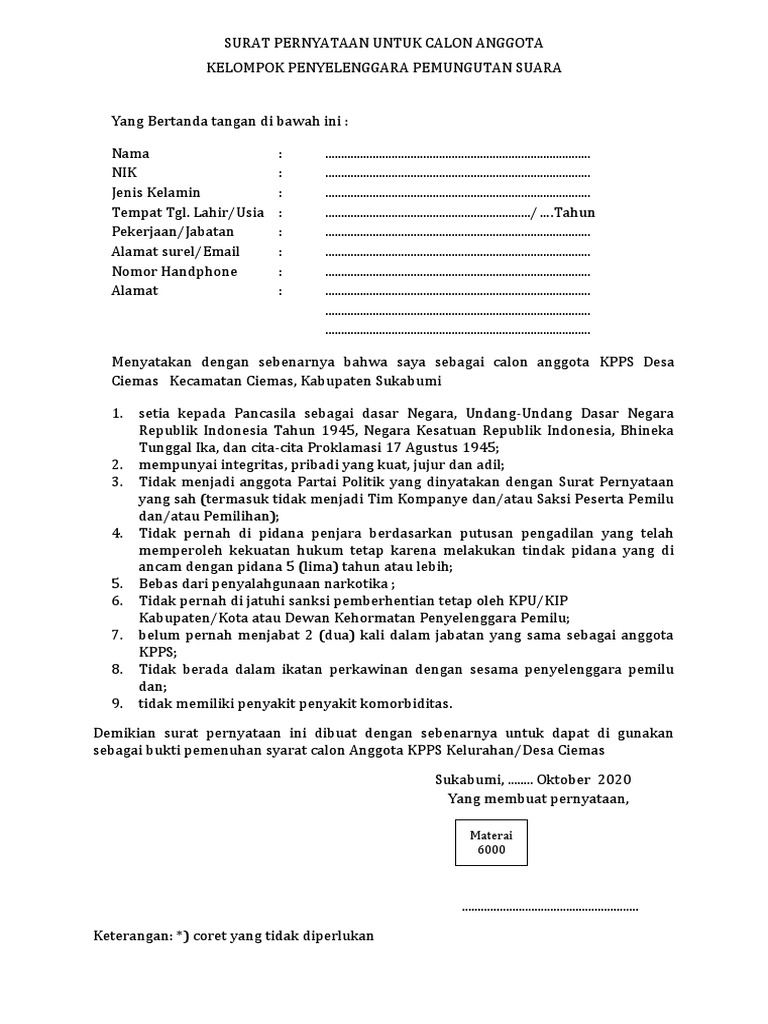 Surat Pernyataan Calon Anggota KPPS | PDF