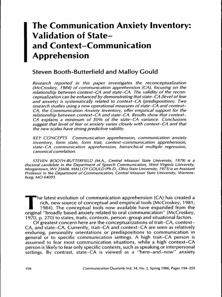 The Communication Anxiety Inventory: Validation of State and Context ...