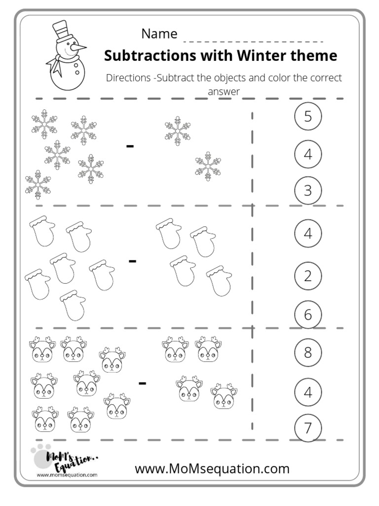 Subtractions With Winter Theme: Directions - Subtract The Objects and ...