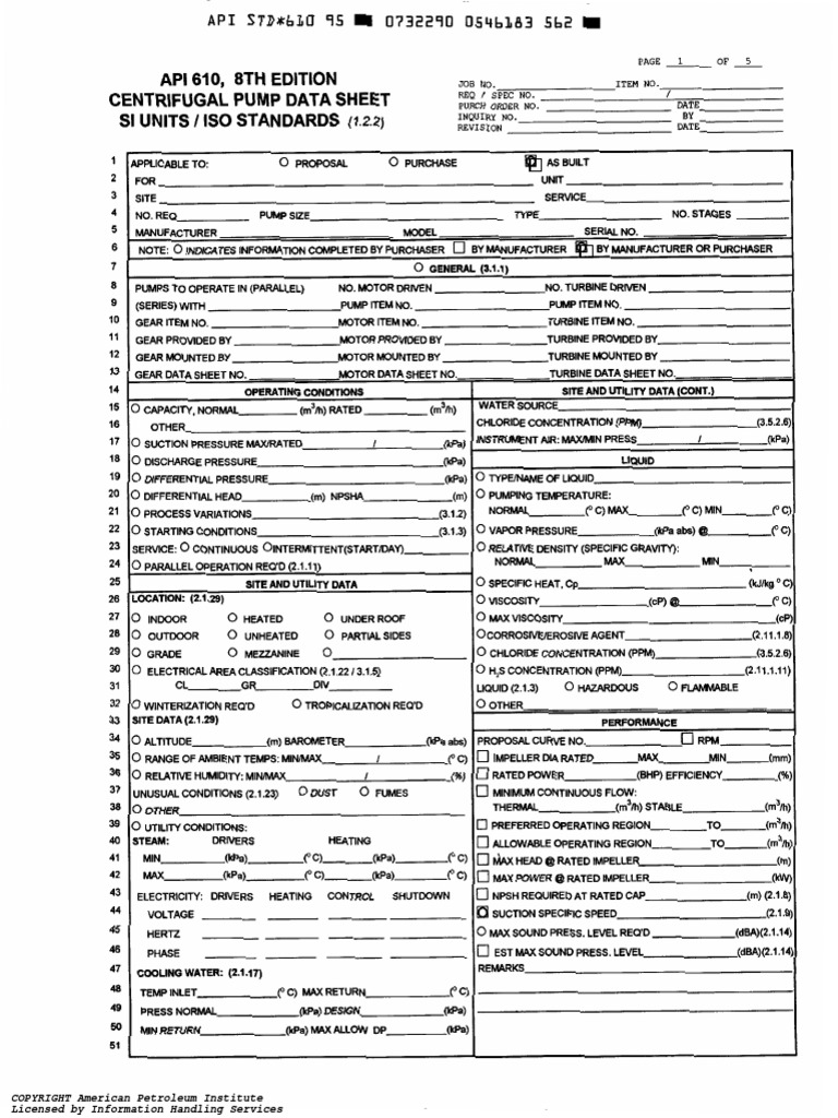 API STD 610 (1995) - Data Sheets Example | PDF | Pipe (Fluid Conveyance ...