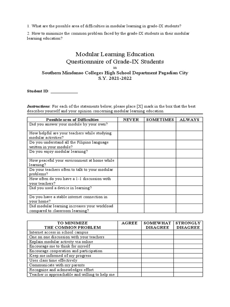 Modular and Online Learning Distance Education Questionnaire | PDF