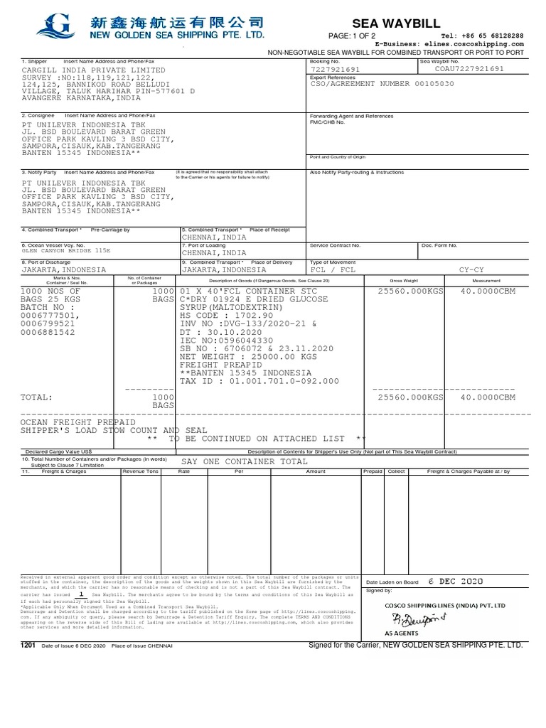 Sea Waybill: Page: 1 of 2 | PDF | Cargo | Bill Of Lading