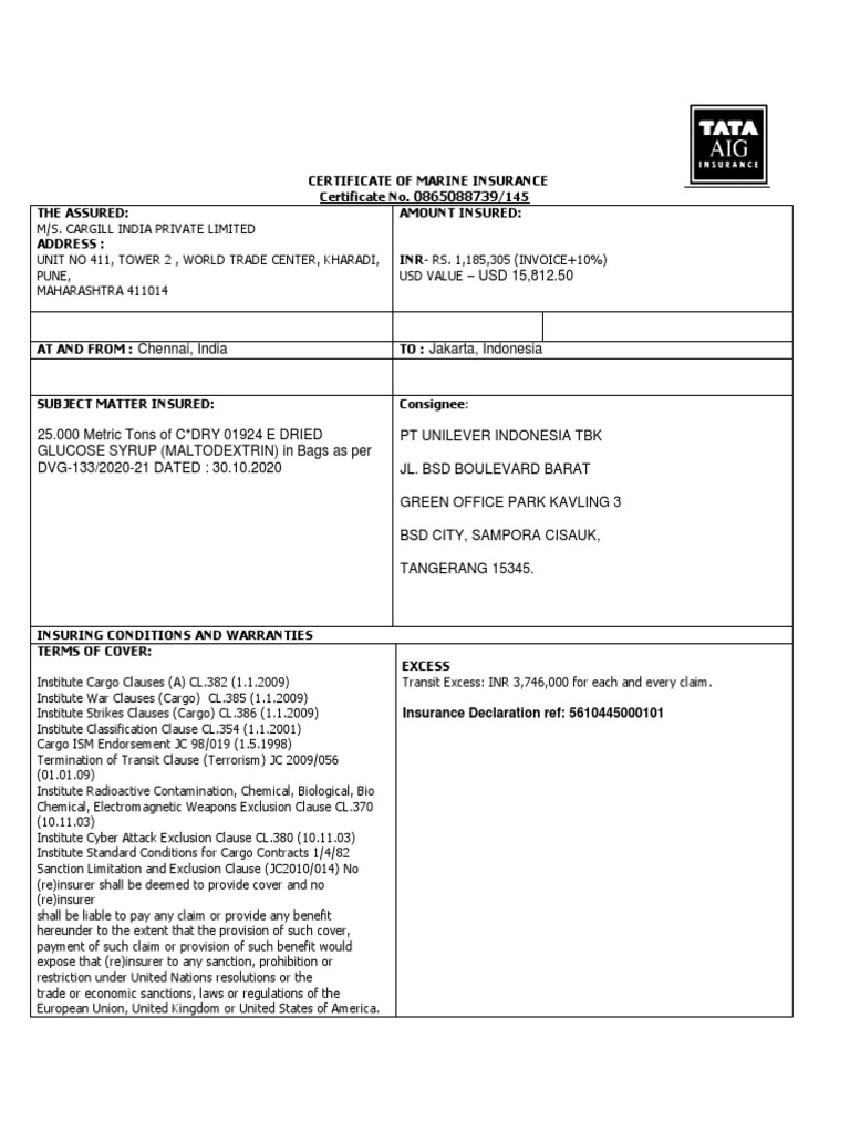Certificate of Marine Insurance Certificate No. /145 The Assured ...