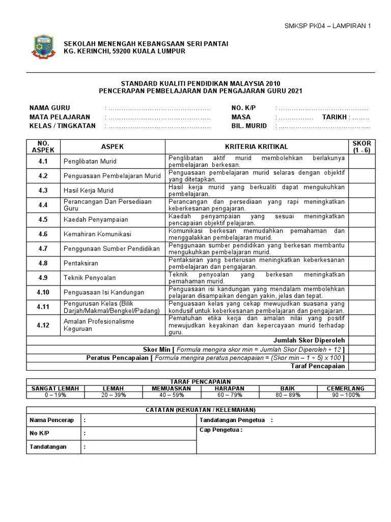3 Borang Pencerapan PDP Guru | PDF