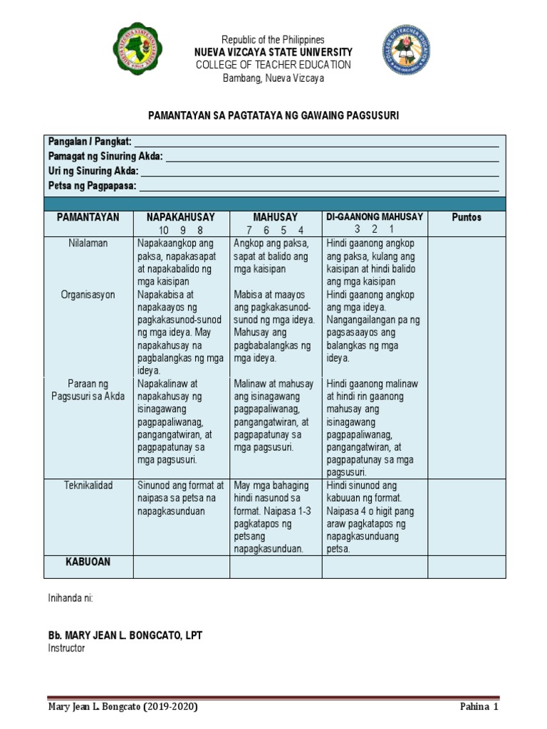 Pamantayan Sa Pagsusuri | PDF