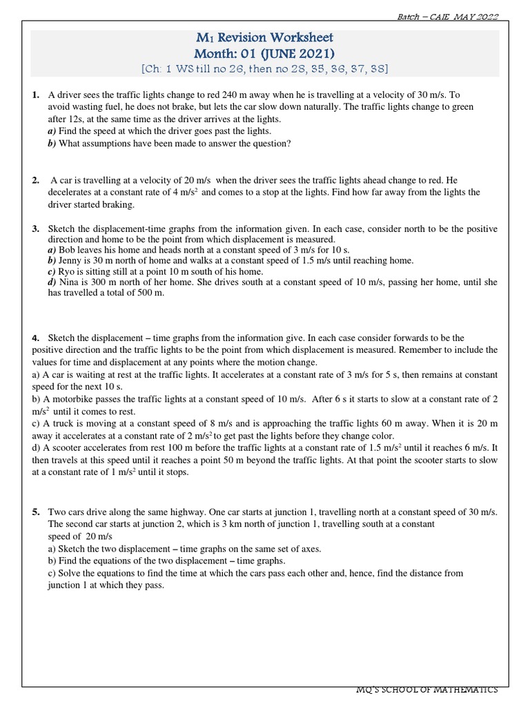 M1 Month-1 Revision Worksheet | PDF | Speed | Physical Phenomena