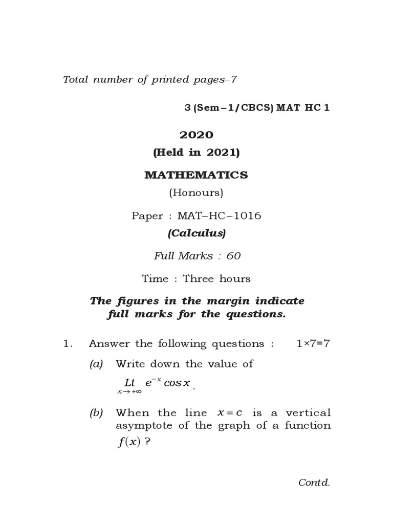 Calculus 2020 Question Papers | Download Free PDF | Derivative ...