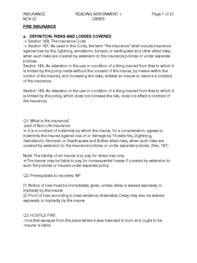INSURANCE NOV 22 Reading Assignment + Cases | PDF | Insurance | Employment