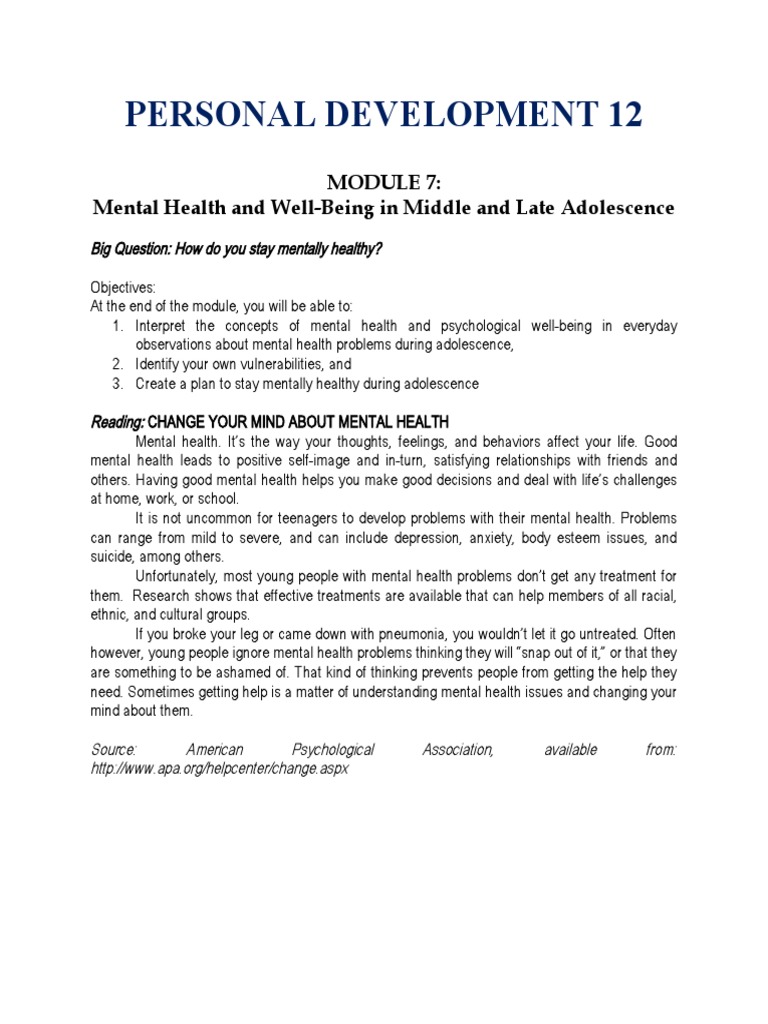 Personal Development 12: Mental Health and Well-Being in Middle and ...