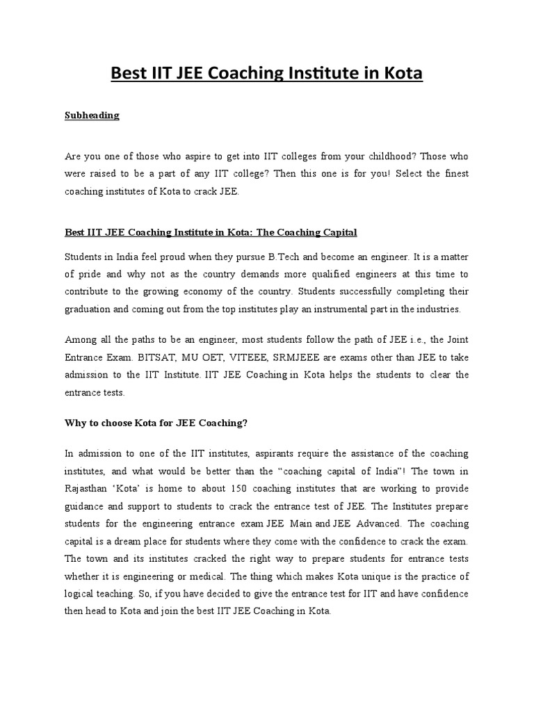 Top IIT JEE Coaching in Kota | PDF | Vocational Education | Academia